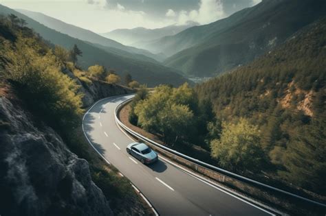 Premium AI Image A Car Driving Down A Winding Mountain Road