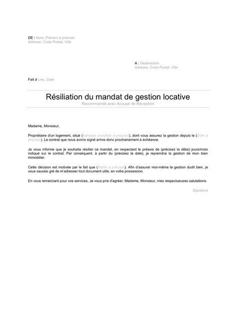 Lettre De R Siliation Du Mandat De Gestion Locative Doc Pdf Page