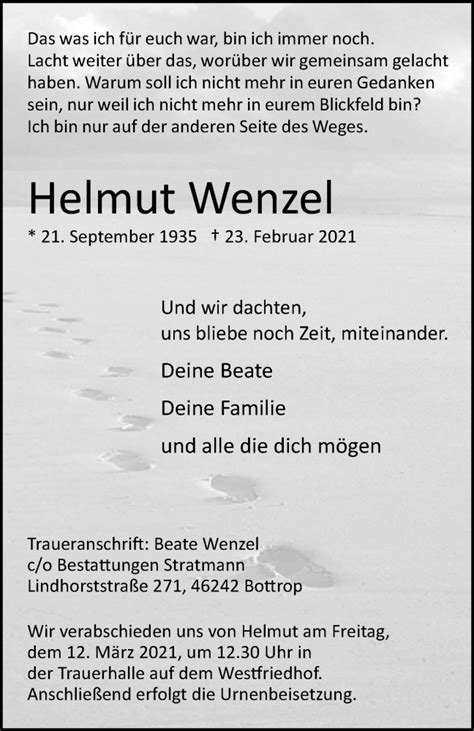 Traueranzeigen Von Helmut Wenzel Trauer In NRW De