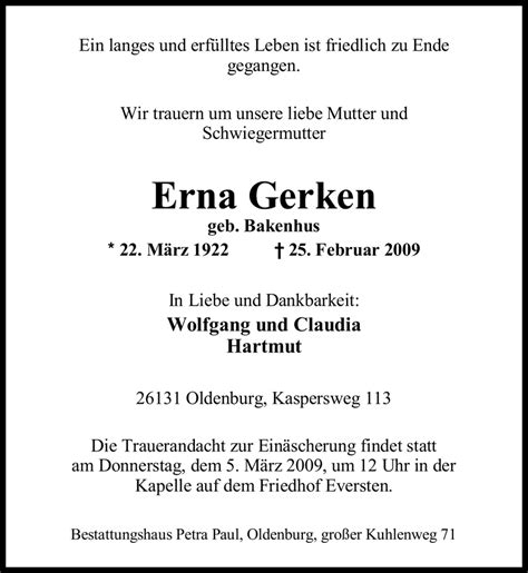 Traueranzeigen Von Erna Gerken Nordwest Trauer De