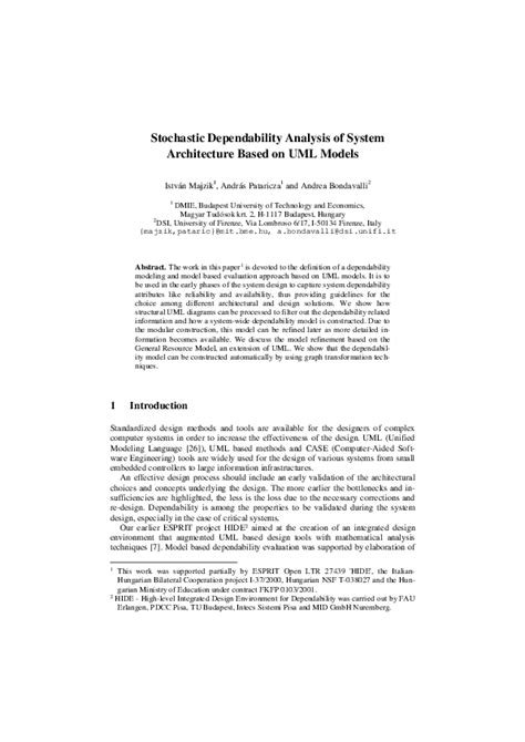 pdf stochastic dependability analysis of system architecture based on uml models andrea