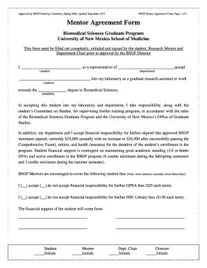 Fillable Online Hsc Unm Mentor Agreement Form Health Sciences Center