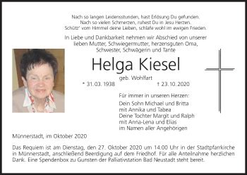 Helga Kiesel Traueranzeige Trauer InFranken De