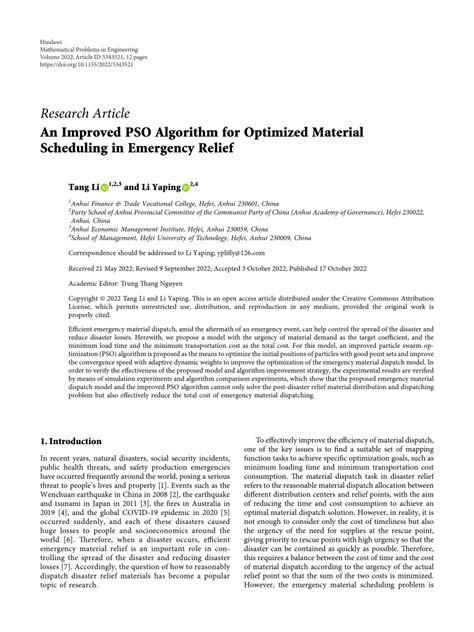 pdf an improved pso algorithm for optimized material scheduling in emergency relief