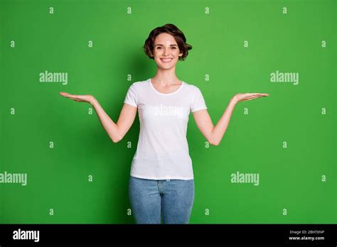 Photo Of Beautiful Lady Wavy Short Hairdo Hold Open Arms Empty Space