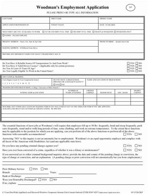 Employment Applications Printable Template