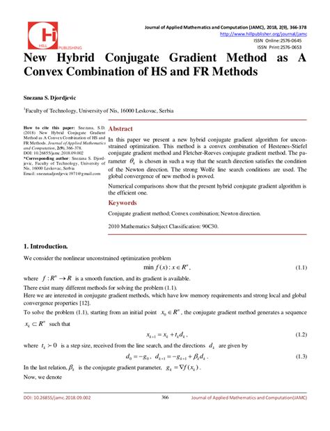 pdf new hybrid conjugate gradient method as a convex combination of hs and fr methods