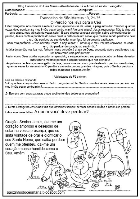 Pãozinho do Céu Atividades de Catequese Evangelho Mateus 18 21 35