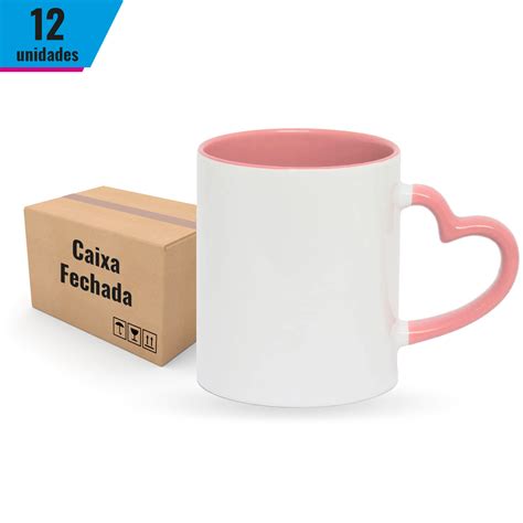 Caneca para Sublimação Alça Coração Interior e Alça Rosa 325ml
