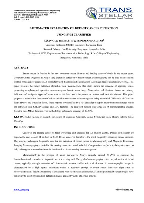pdf automated evaluation of breast cancer detection using svm classifier