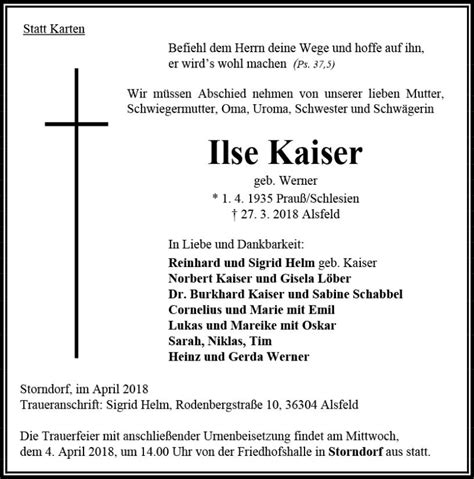 Traueranzeigen Von Ilse Kaiser Vrm Trauer De