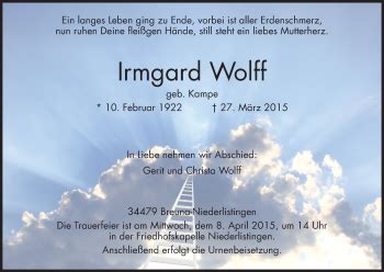 Traueranzeigen Von Irmgard Wolff Trauer HNA De