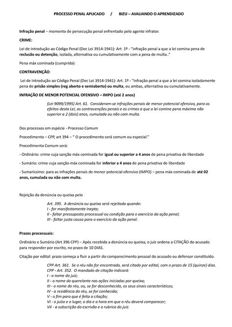 Processo Penal Aplicado BIZU PROCESSO PENAL APLICADO BIZU
