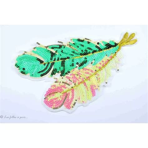Ecusson Sequin Plumes Vert Et Rose Thermocollant Vente En Ligne