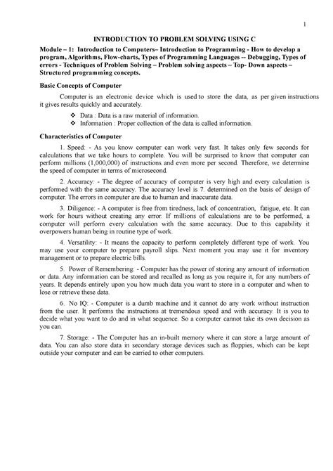 introduction to problem solving using c unit 1 1 introduction to problem solving using c