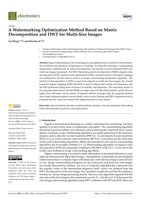 pdf a watermarking optimization method based on matrix decomposition and dwt for multi size images