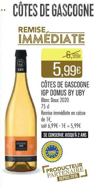 Offre Côtes De Gascogne Igp Domus By Uby Blanc Doux 2020 chez Match