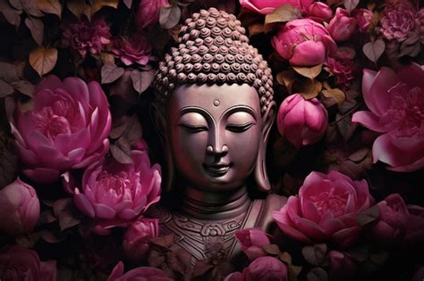 Premium Photo Buddha Statue Surrounded By Pink Peony Flowers On Dark