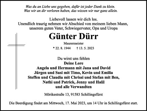 Traueranzeigen von Günter Dürr trauer flz de