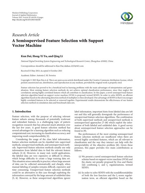 pdf a semisupervised feature selection with support vector machine