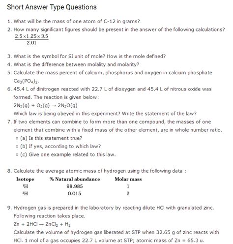 Important Questions Class Chemistry Some Basic Concepts Of Chemistry