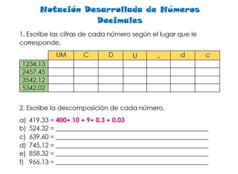 Notación Desarrollada con Números Decimales Notacion desarrollada