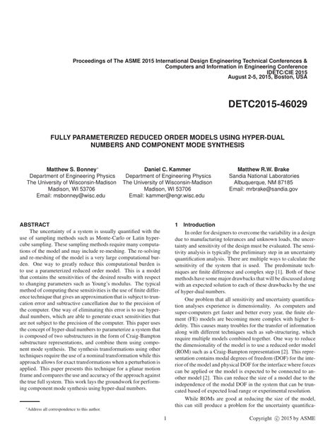 pdf fully parameterized reduced order models using hyper dual numbers and component mode synthesis
