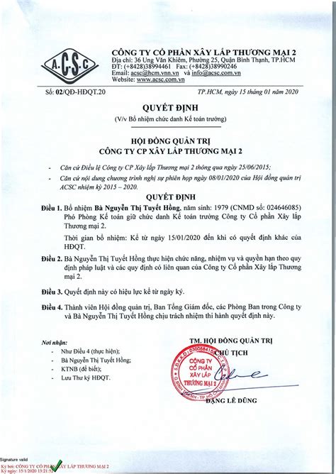 QUYẾT ĐỊNH BỔ NHIỆM KẾ TOÁN TRƯỞNG ACSC ACSC
