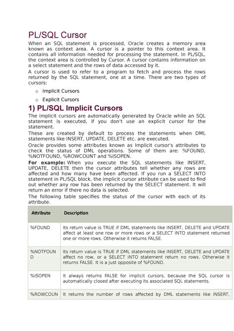 Cursors Dbms Notes Plsql Cursor When An Sql Statement Is Processed Oracle Creates A Memory