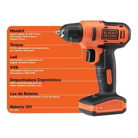 Parafusadeira Furadeira Black Decker Bateria 12V 1 5A Lition Vel