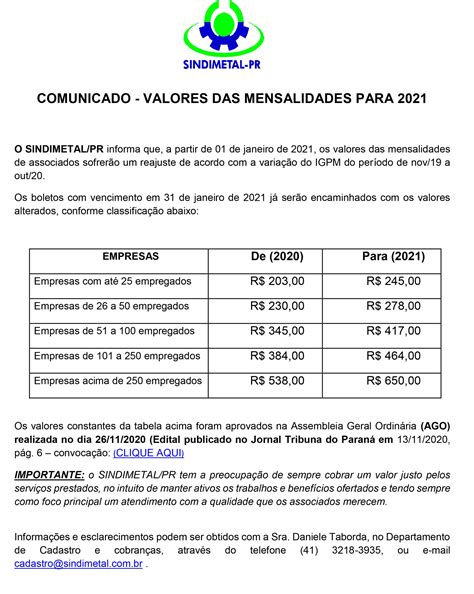 COMUNICADO SINDIMETAL PR VALORES DAS MENSALIDADES PARA 2021 Sindimetal