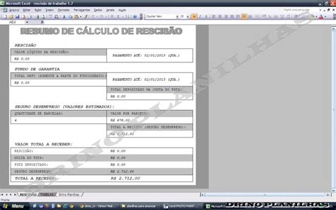 Planilha Para Cálculo De Rescisão De Contrato De Trabalho R 10 00 em