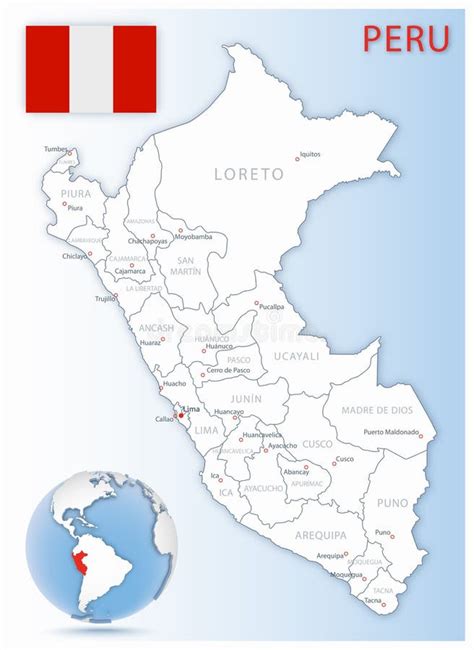 Mapa Administrativo Detallado De Peru Con Bandera Del País Y Ubicación