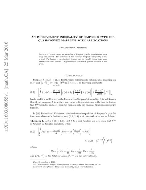 pdf an inequality of simpson s type via quasi convex mappings with applications