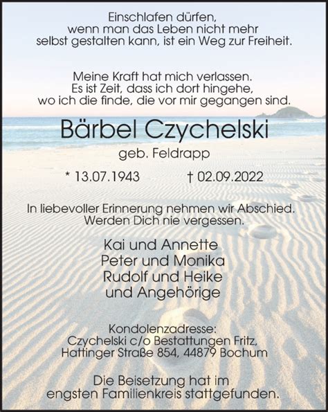 Traueranzeigen von Bärbel Czychelski Trauer in NRW de