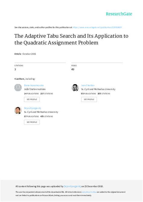 pdf the adaptive tabu search and its application to the quadratic assignment problem dragan
