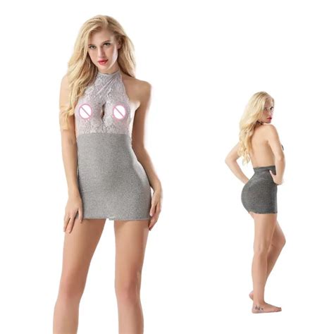 Sexy Halter Lace And Shiny Mesh Mini Dress Backless Sheer Opaque Micro Mini Night Dress Club