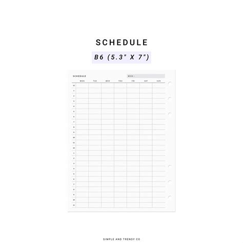 Weekly Hour Schedule Printable B Inserts Class Schedule Etsy