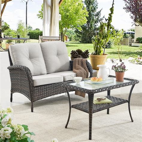 Amazon Belord Outdoor Wicker Loveseat With Coffee Table Patio