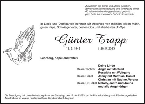 Traueranzeigen von Günter Trapp trauer flz de