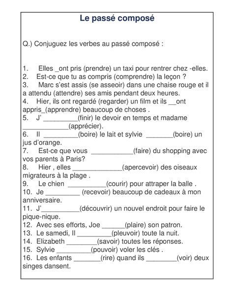 Exercises de passé composé Ejercicios de Francés Docsity