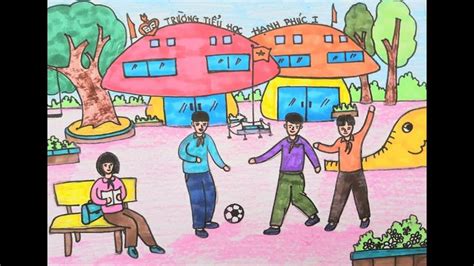 Vẽ tranh ngôi trường hạnh phúc Trường học cây xanh Draw happy