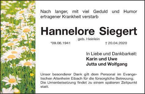 Traueranzeigen Von Hannelore Siegert Trauer Nn De