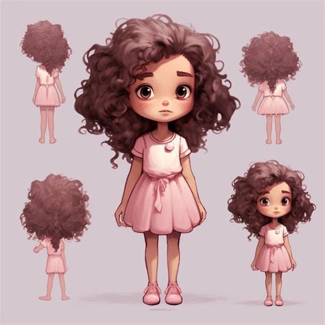 Chica De Dibujos Animados Con Cabello Rizado Y Varias Poses De Cabello