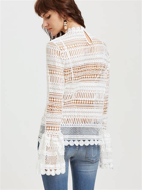 Flute Sleeve Hollow Out Embroidered Lace Top SheIn Sheinside