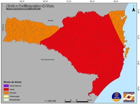 Várias áreas de SC em alerta máximo para deslizamentos até domingo