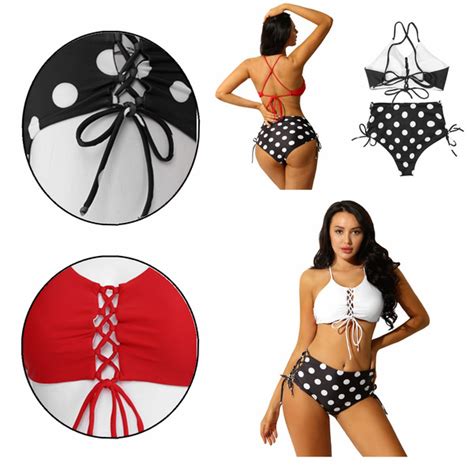 Sexy Womens Backless Halter Strap Cross Back Tankini Bikini Bra High Waist Polka Dot Thong S