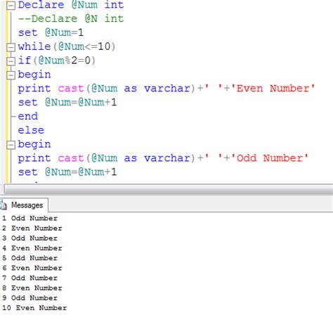 alltypecoding even and odd number program between 1 to 10 in sql server