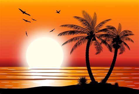 Silueta De Palmera En La Playa Vector Premium