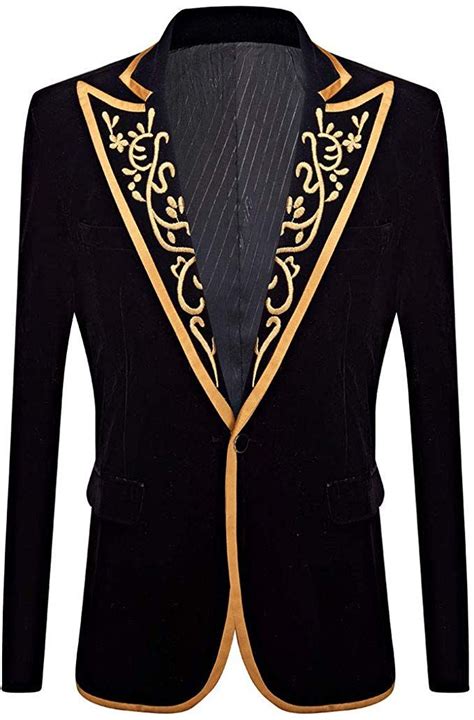 PYJTRL Mens Stylish Court Prince Black Velvet Gold Embroidery Blazer